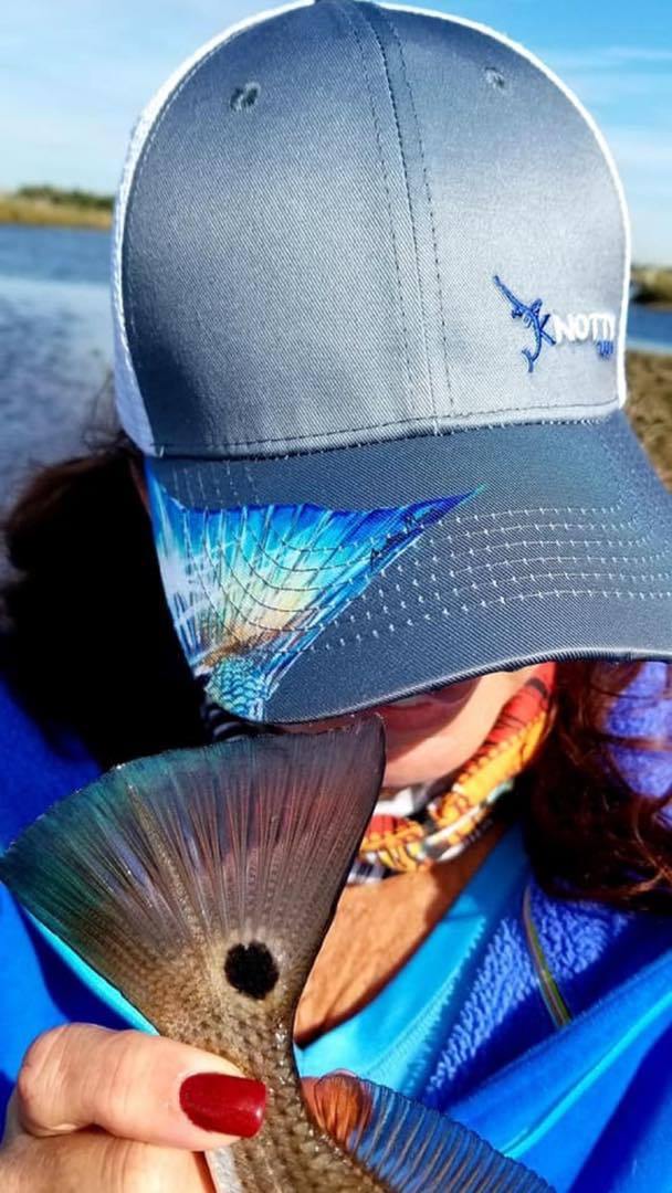 Redfish Tail on Grey Snapback Trucker Hat - Comfort & Style | Brand ...